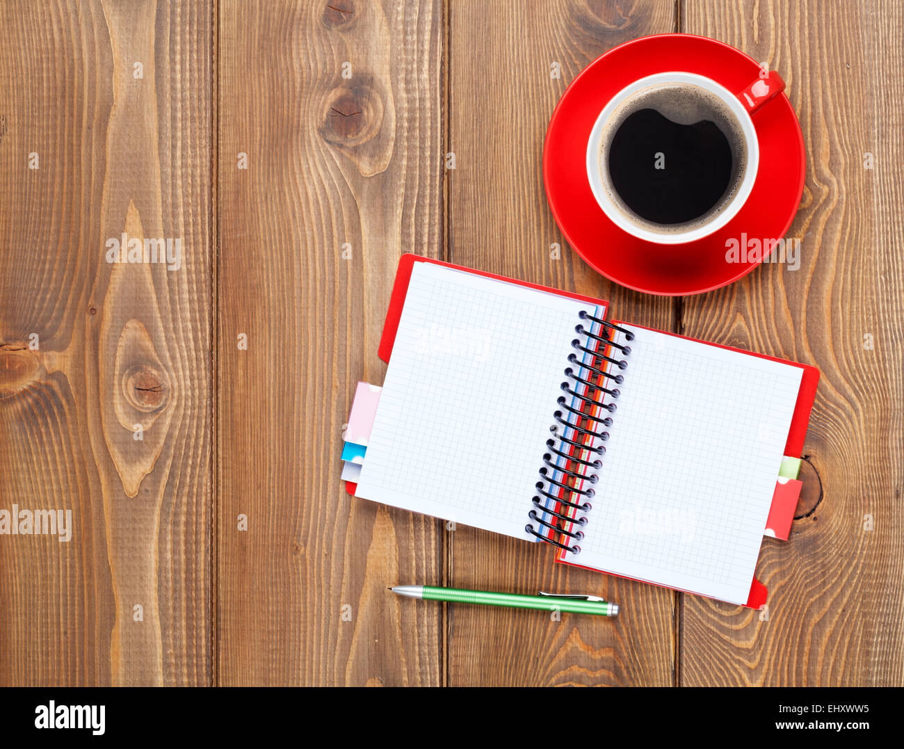 Office desk table with supplies and coffee cup. Top view with copy ...