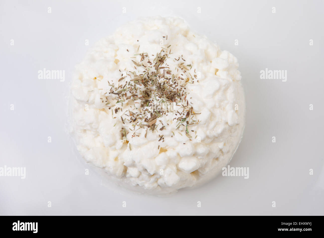 Granulated cottage cheese with aromatic herbs. Isolated over white ...