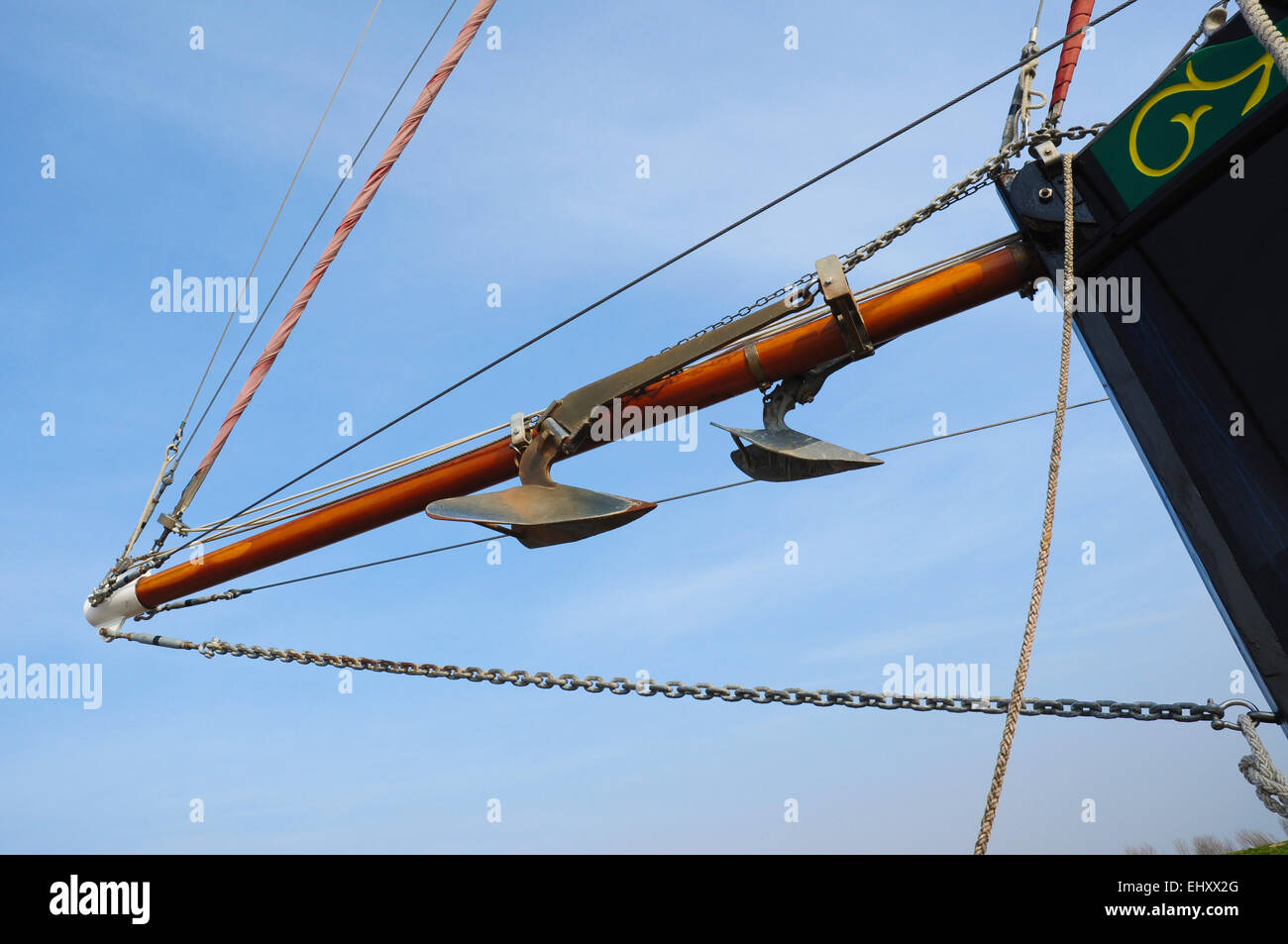 Bowsprit of sailing barge, Blakeney, Norfolk, England, UK Stock Photo ...