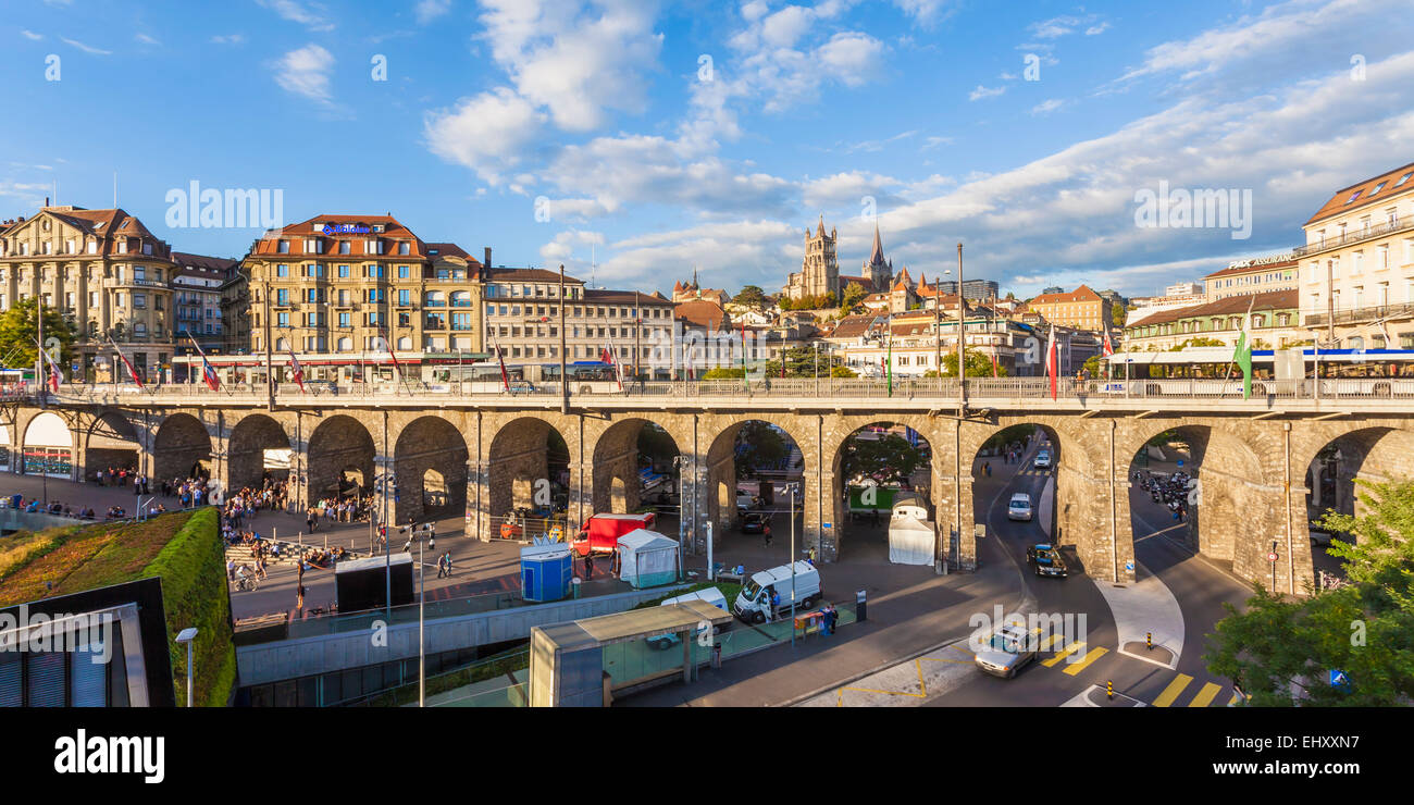 Switzerland, Lausanne, cityscape with bridge Grand-Pont and cathedral ...
