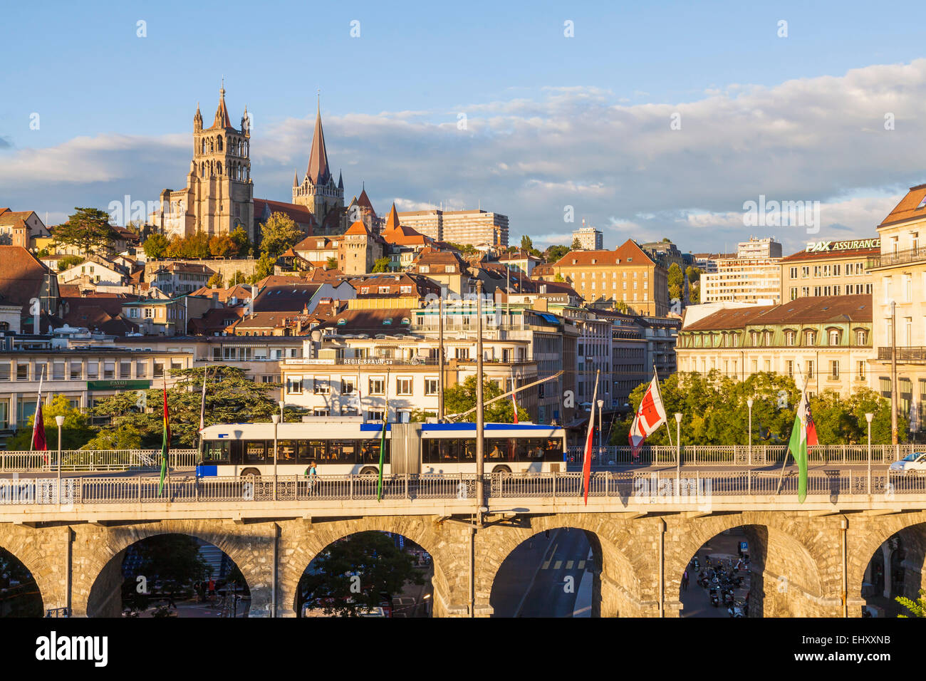 Switzerland, Lausanne, cityscape with bridge Grand-Pont and cathedral ...