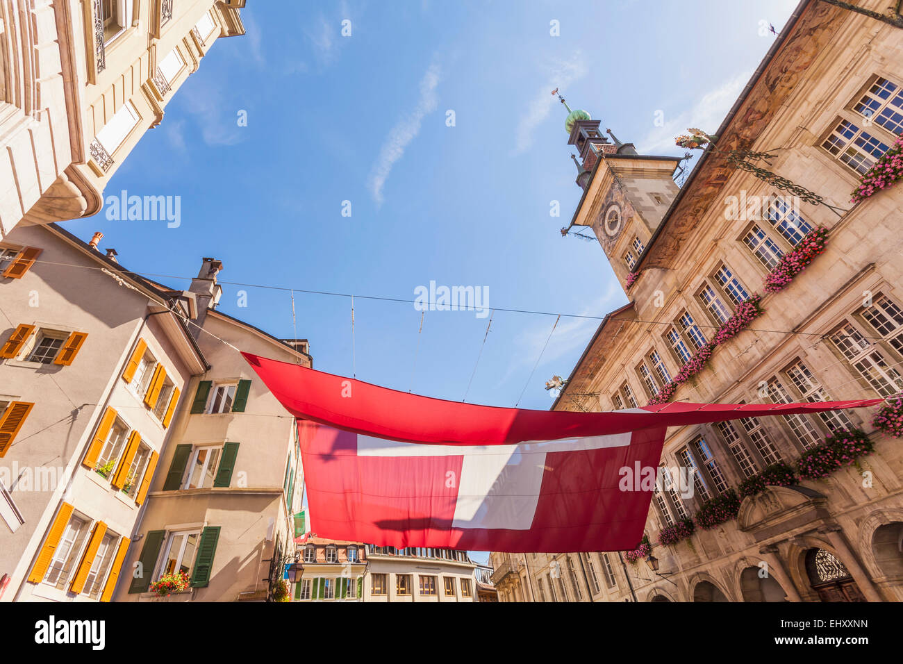 Switzerland, Lausanne, Swiss Flag and town hall Stock Photo - Alamy
