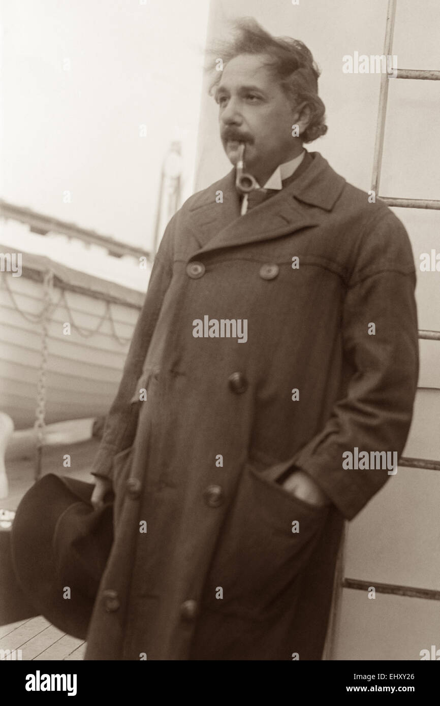 Albert Einstein with pipe, aboard ship on first trip to New York City ...