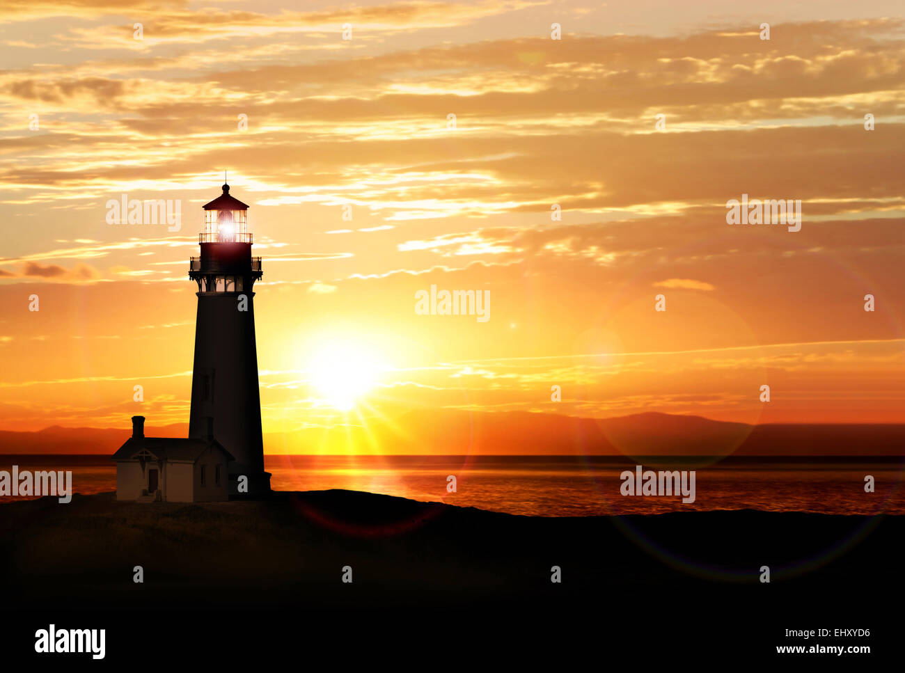 Lighthouse searchlight beam near ocean at sunset Stock Photo - Alamy