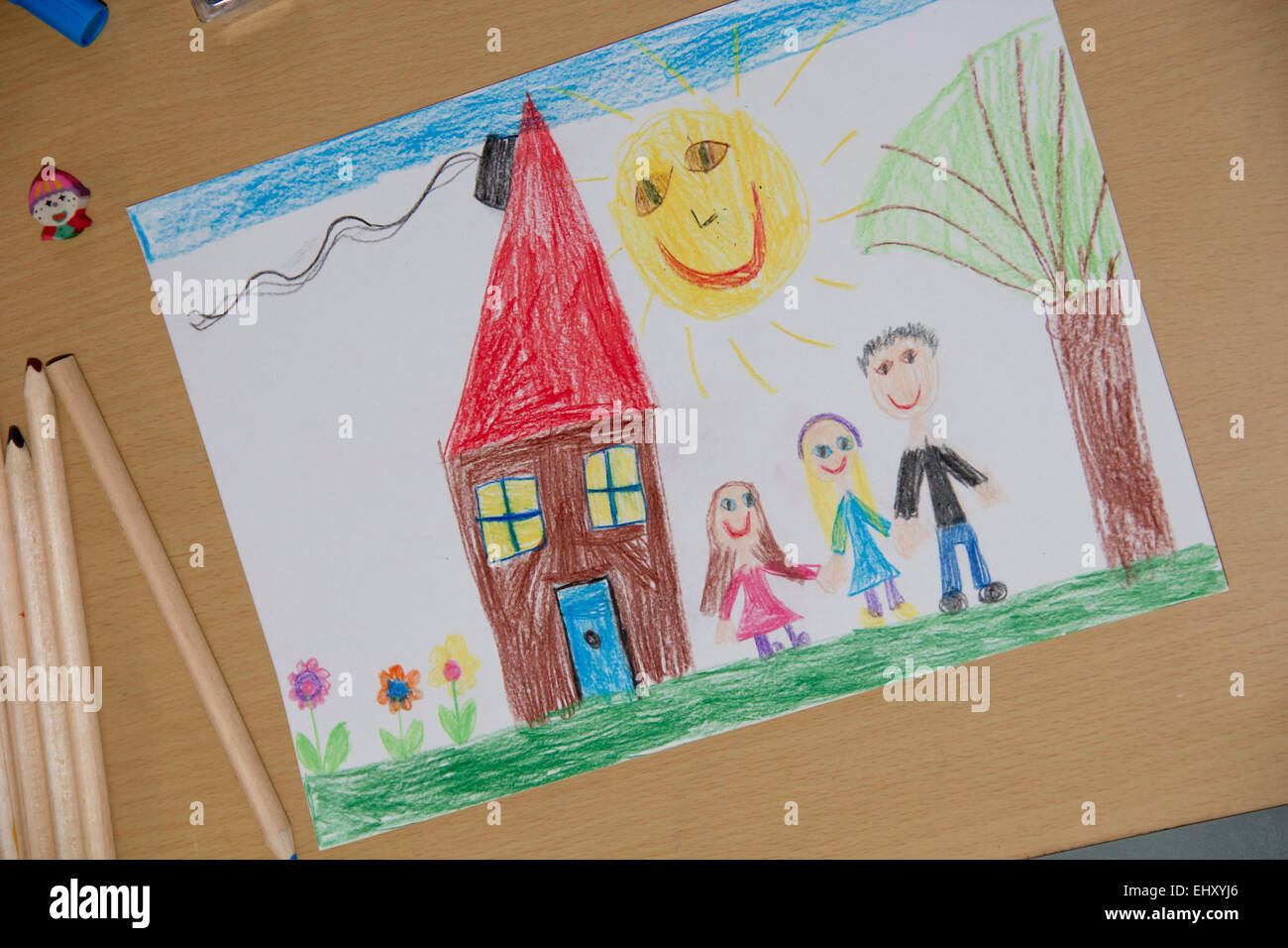 Child's drawing with happy family Stock Photo - Alamy