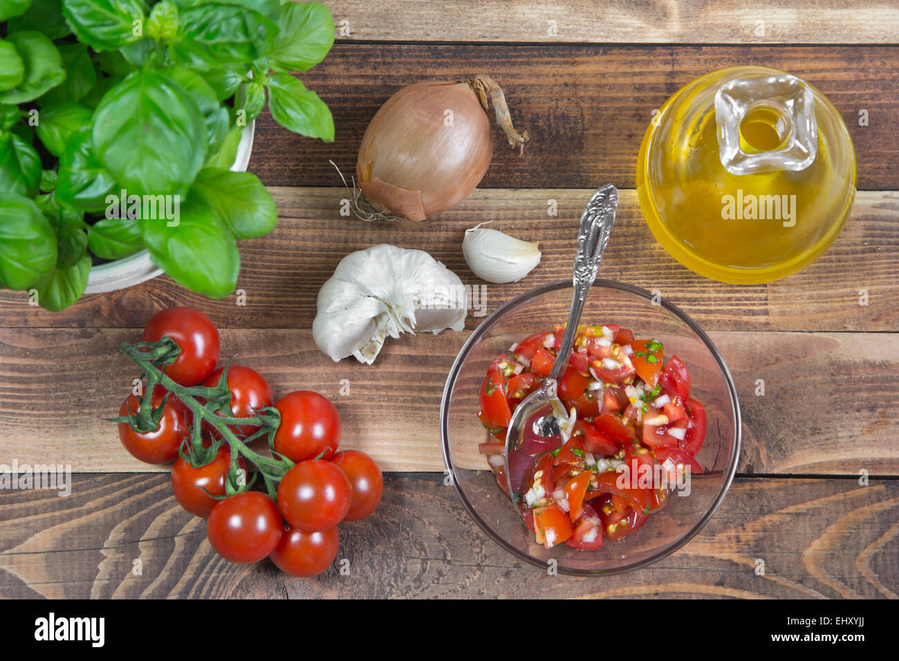 Basil, olive oil, vine tomatoes, onion, garlic Stock Photo - Alamy