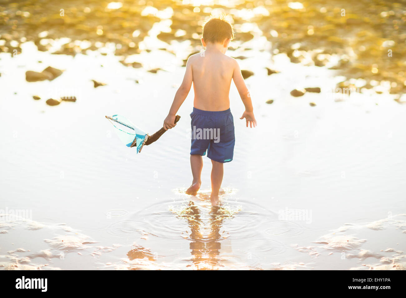 Boy wading with a toy wooden boat in the water Stock Photo - Alamy