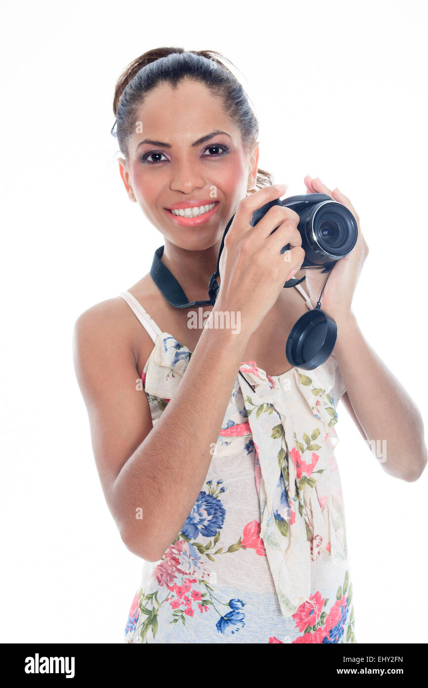 Girl-photographer takes snaps, isolated on white Stock Photo - Alamy