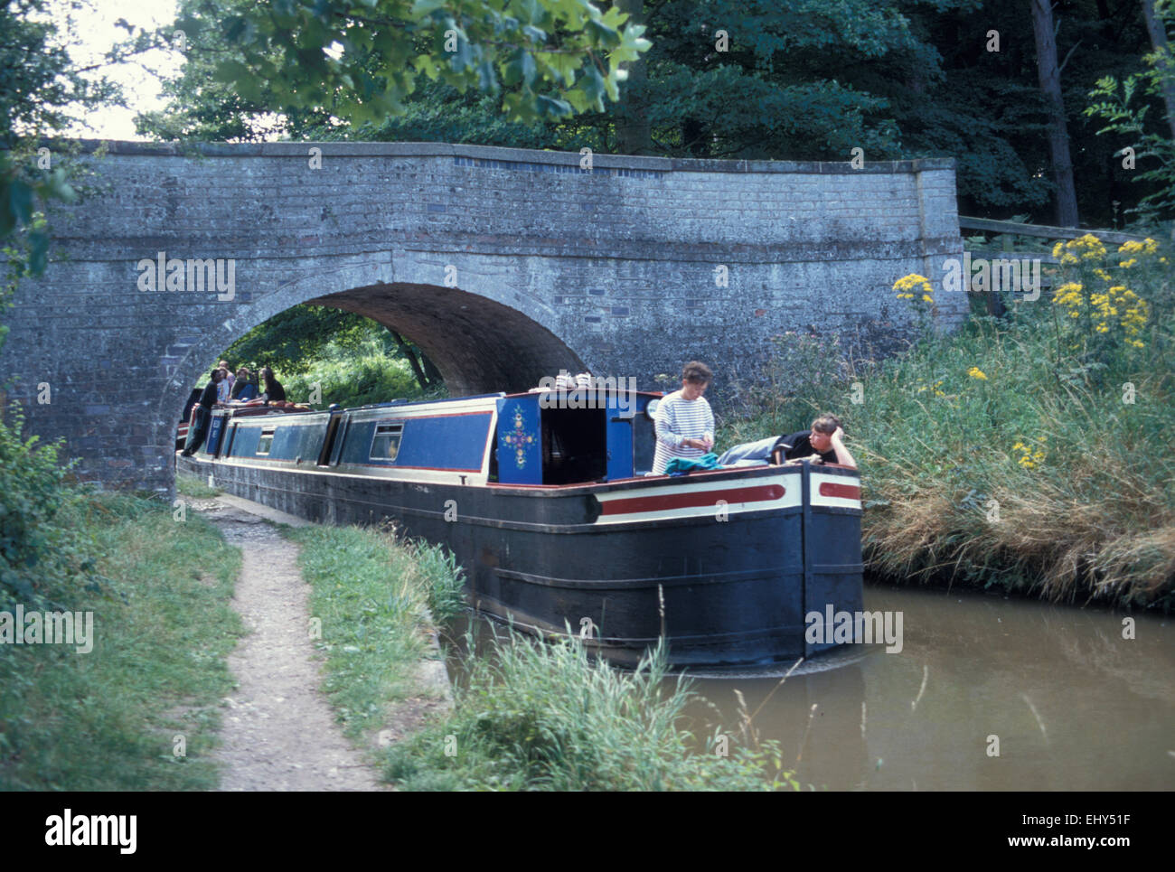 Narrowboat on canal towpath between Cole Mere and Blake Mere Ellesmere ...