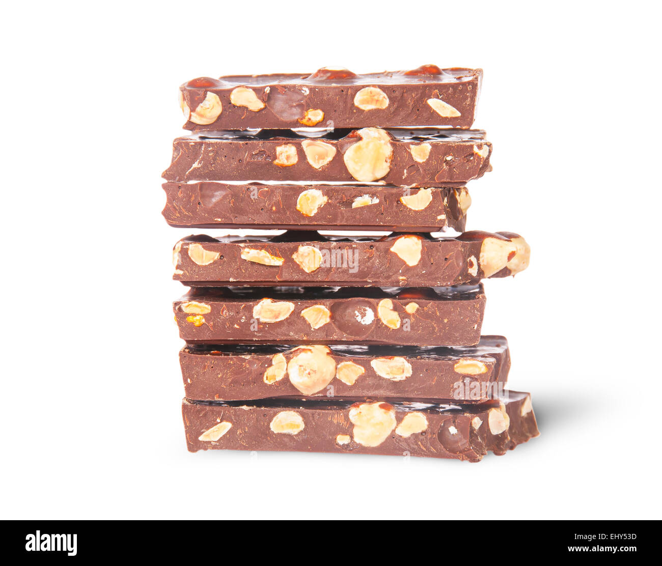 In front stack of seven chocolate bars isolated on white background ...
