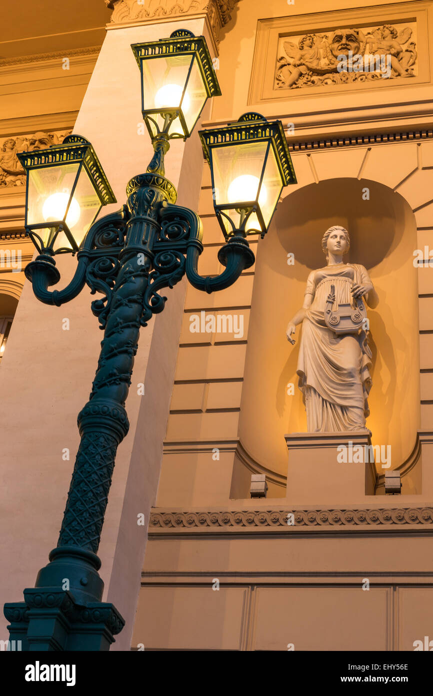 Night lantern in front of the Bolshoi Theatre statue in Moscow, Russia ...