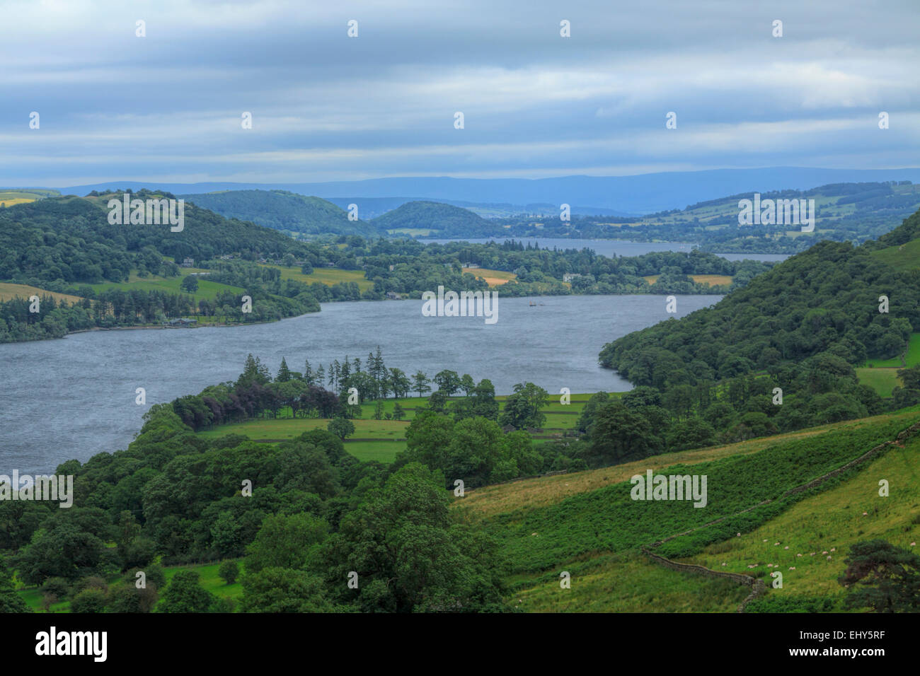 Lake view with trees, hills and fields, Sandwick Bay, Ullswater, The ...