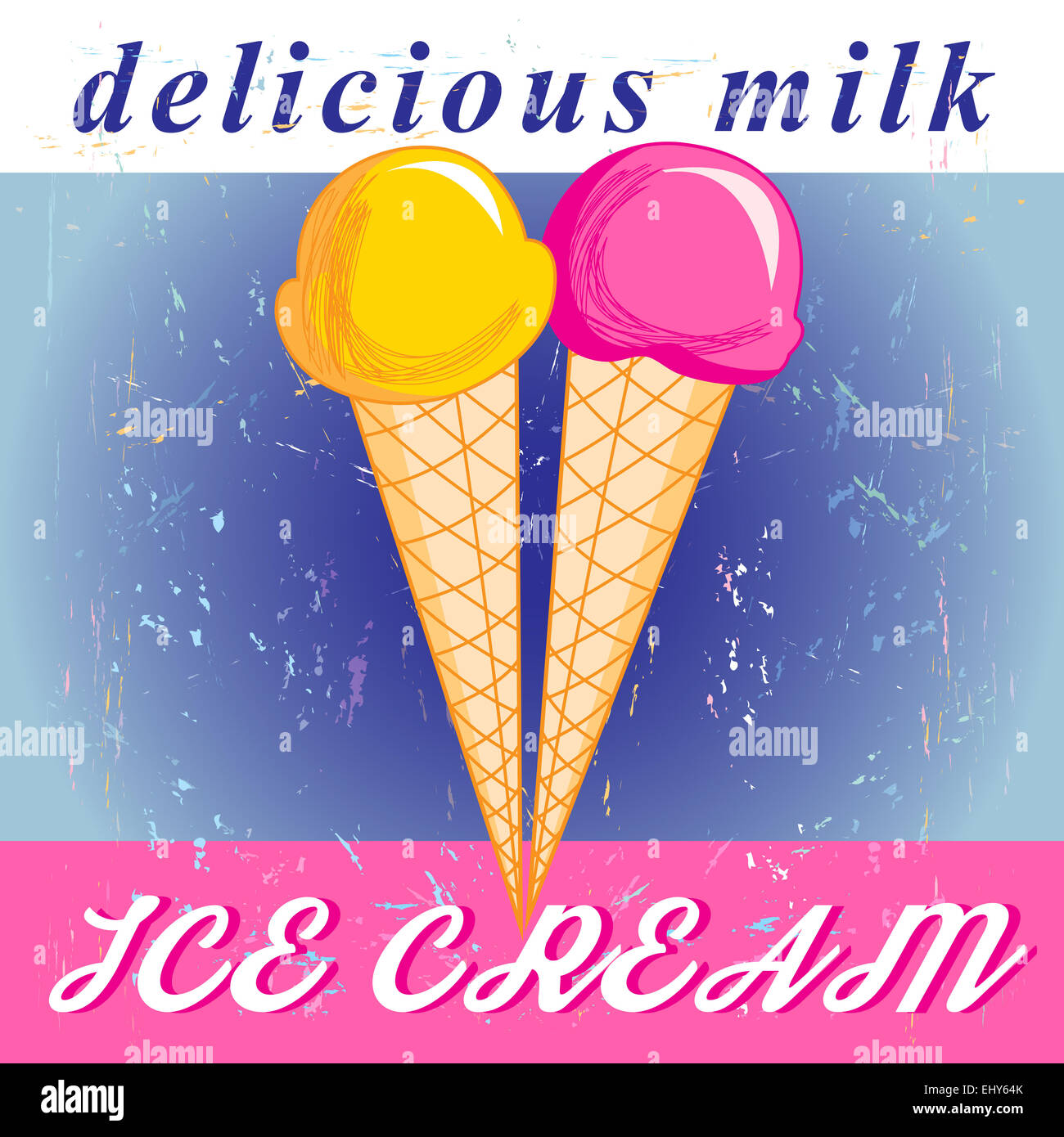 delicious ice cream in a bright horns on a blue background aged Stock ...