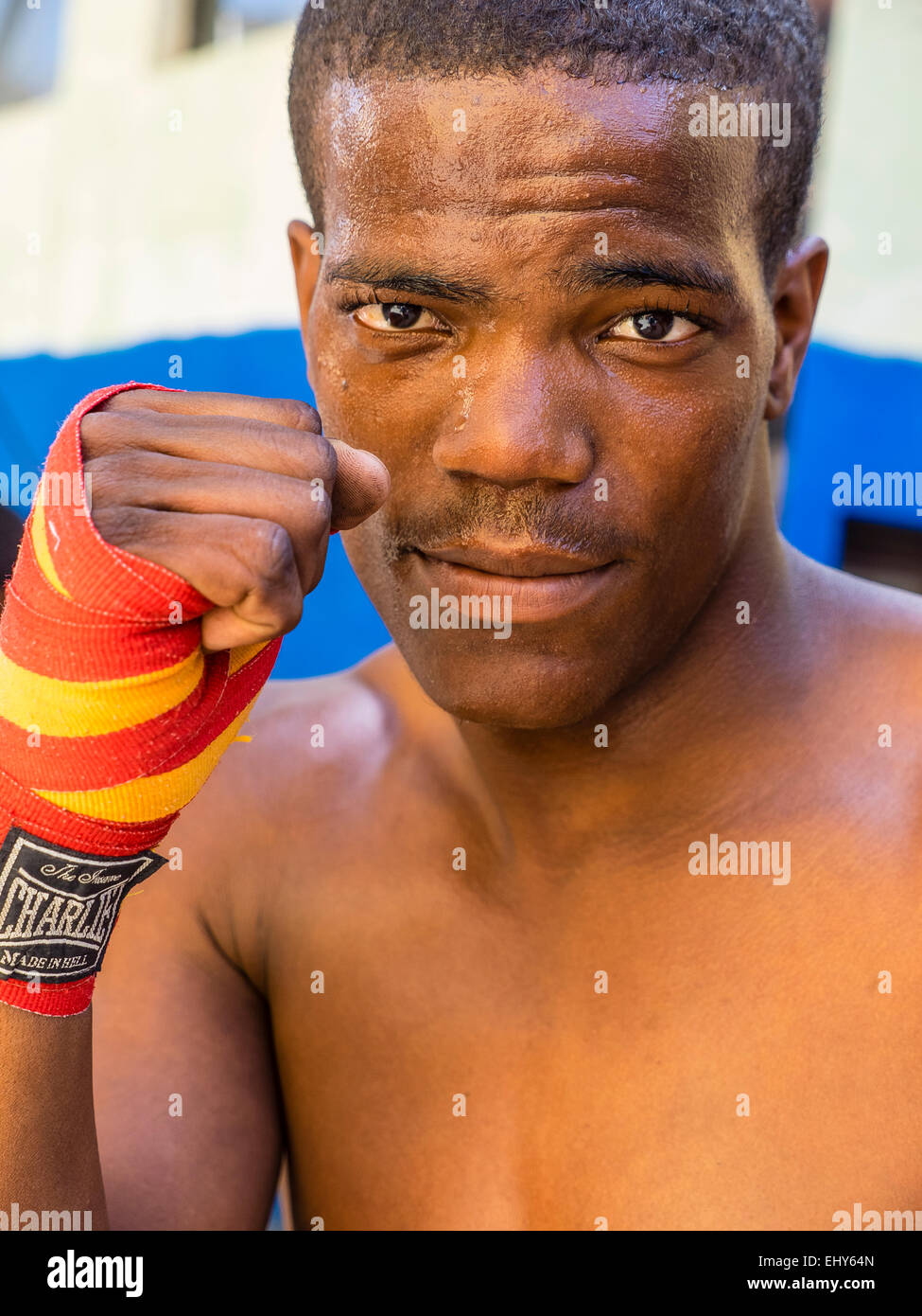 Close-up portrait of an Afro-Cuban boxer at the Rafael Trejo Boxing Gym ...