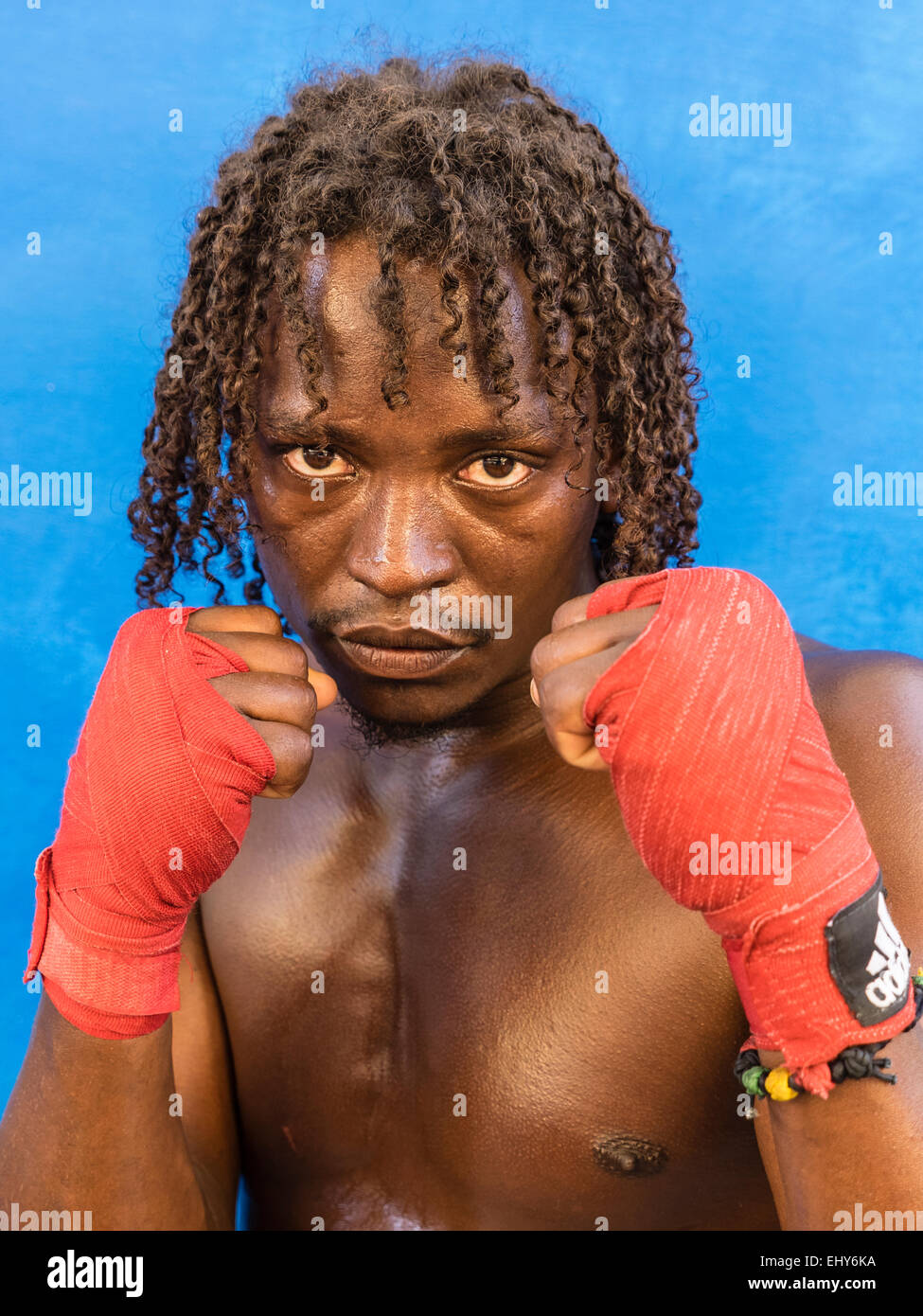 Close-up portrait of an Afro-Cuban boxer at the Rafael Trejo Boxing Gym ...