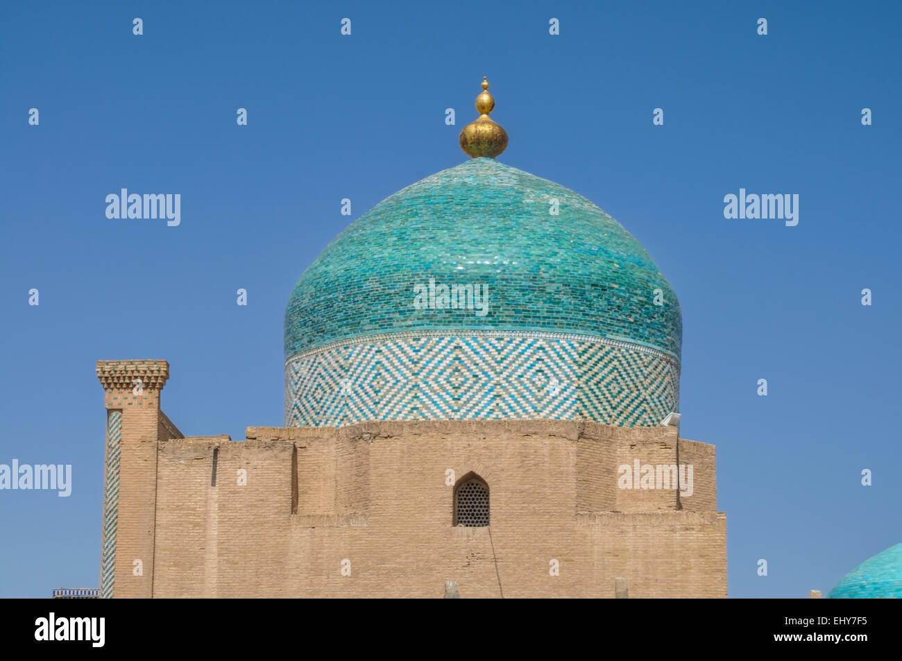 Beautifully decorated turquoise dome on gate tower in Khiva, Uzbekistan ...