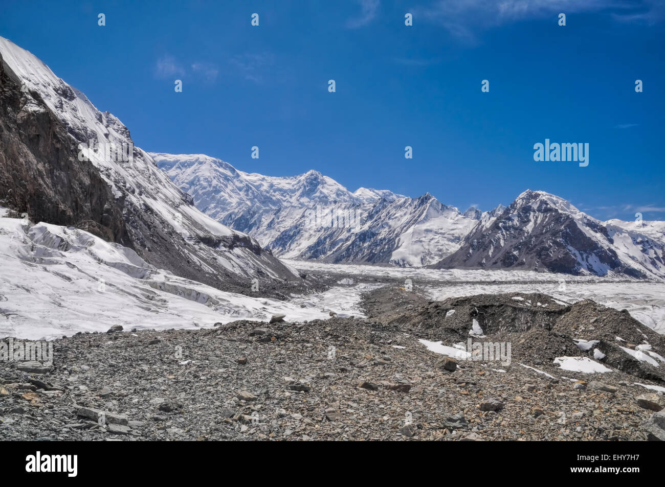 Picturesque landscape on Engilchek glacier in Tian Shan mountain range ...