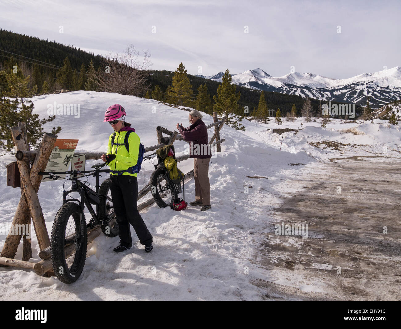 Women get ready for a ride outside Breckenridge, Colorado Stock Photo ...