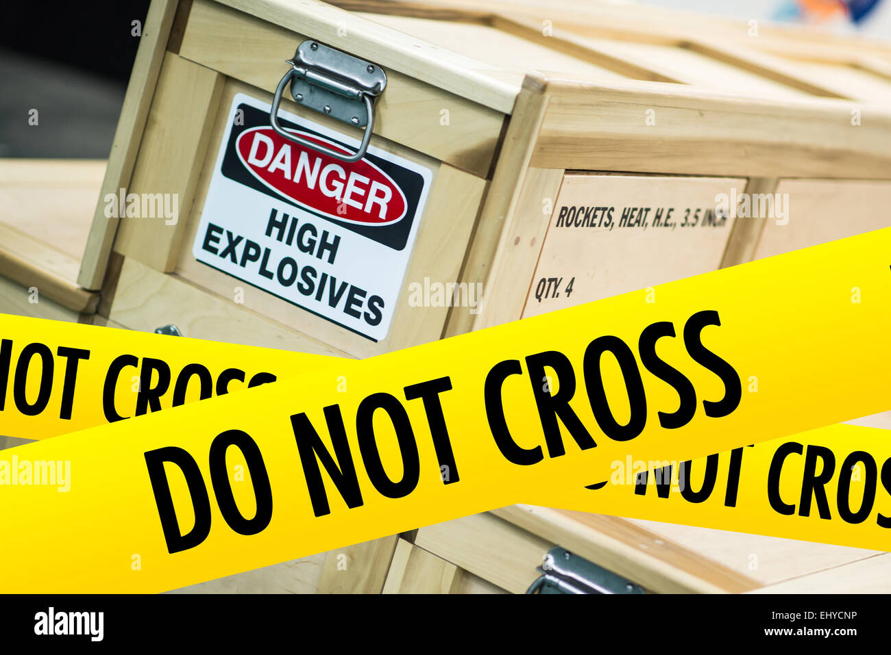 High Explosives Danger Concept with Yellow Caution Tape Saying Do Not ...