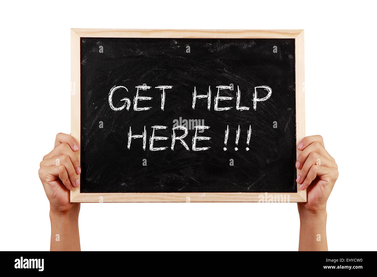 Hand holding a black chalkboard which is written text of Get Help Here ...