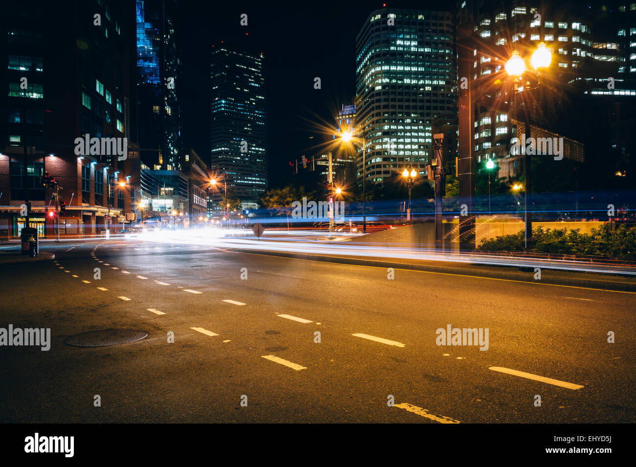 Traffic on Atlantic Avenue at night, near Rowes Wharf in Boston ...
