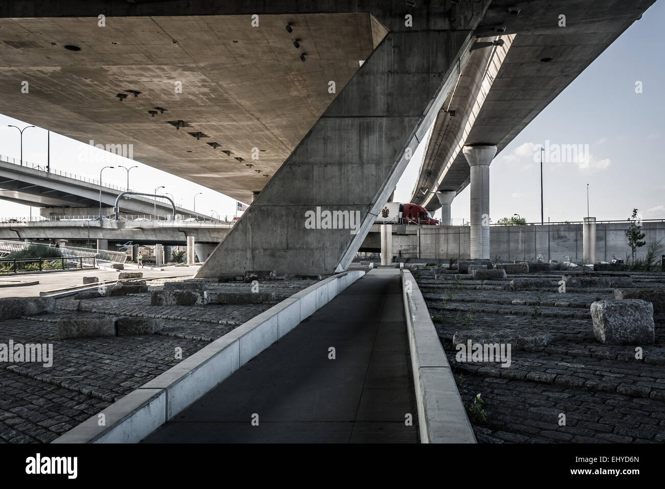 Under the Leonard P. Zakim Bunker Hill Memorial Bridge in Boston ...
