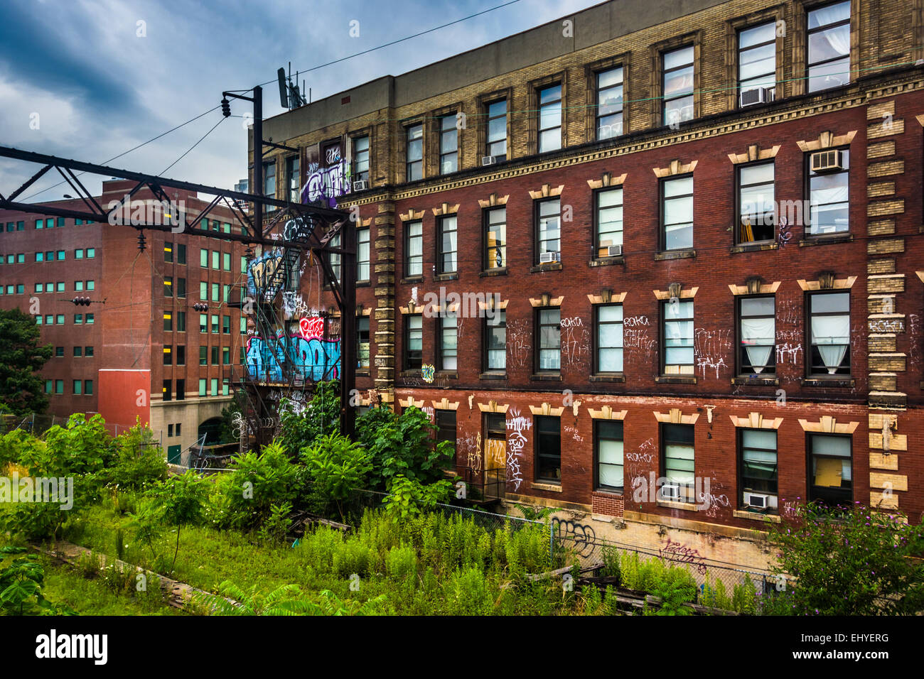 An old brick building seen from the Reading Viaduct, in Philadelphia ...