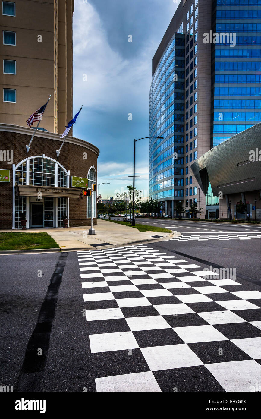 Checkerboard crosswalk and buildings in Charlotte, North Carolina Stock ...