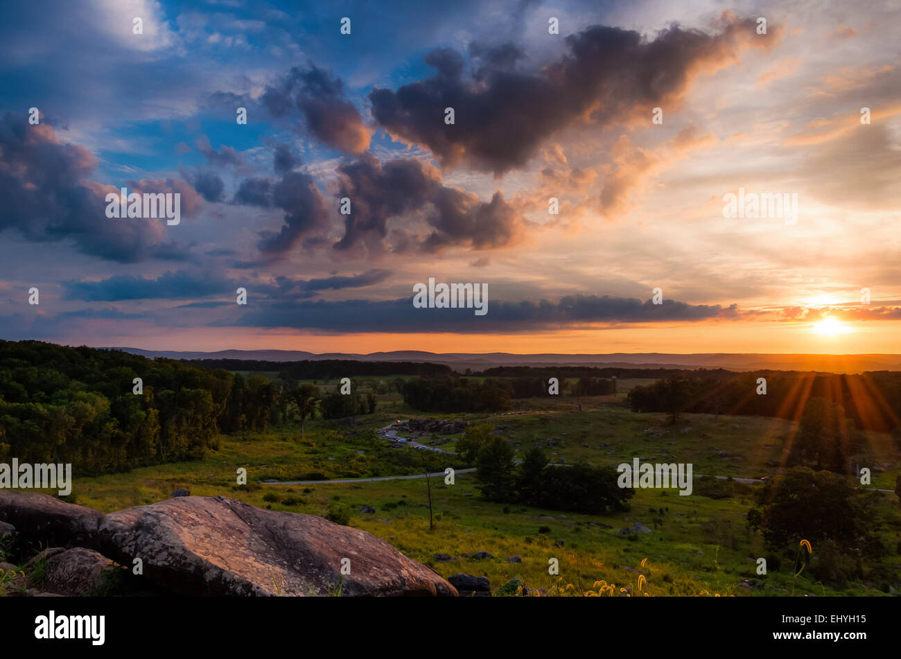 Colorful summer sunset from Little Roundtop in Gettysburg, Pennsylvania ...