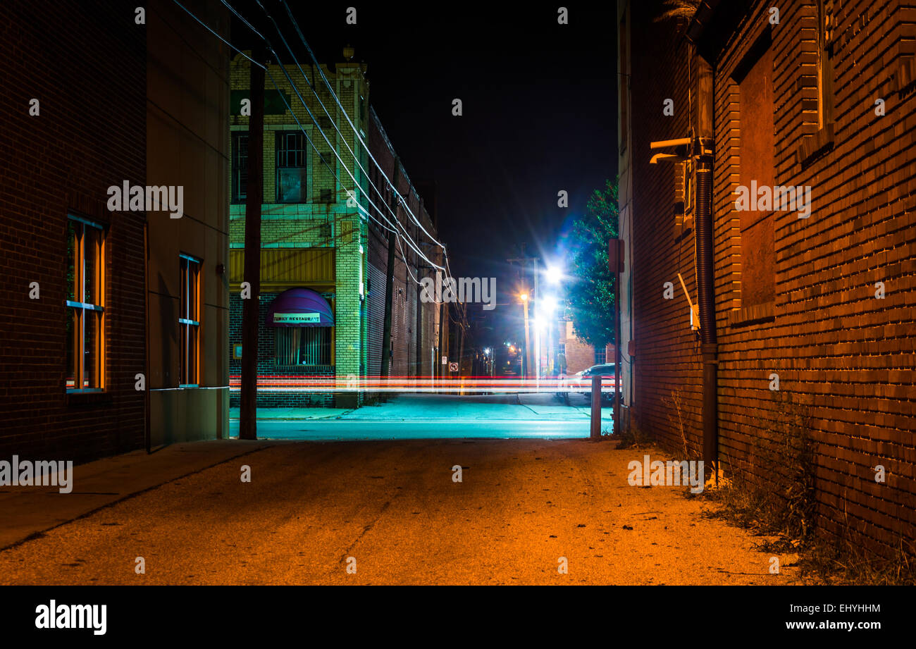 Dark alley and light trails in Hanover, Pennsylvania at night Stock ...