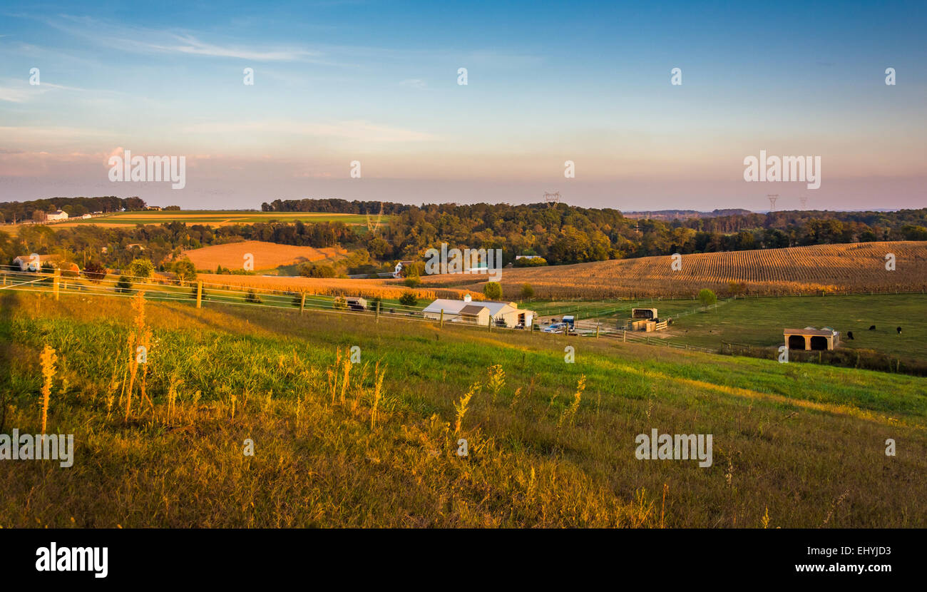 Evening view of farm fields and rolling hills in rural Lancaster County ...