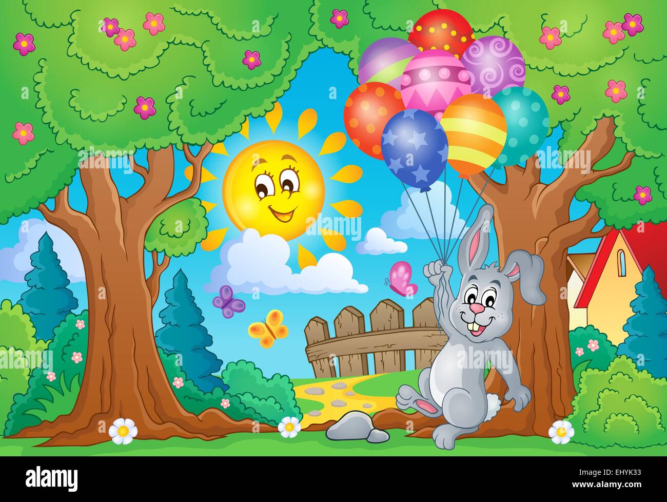 Spring theme with rabbit and balloons - picture illustration Stock ...