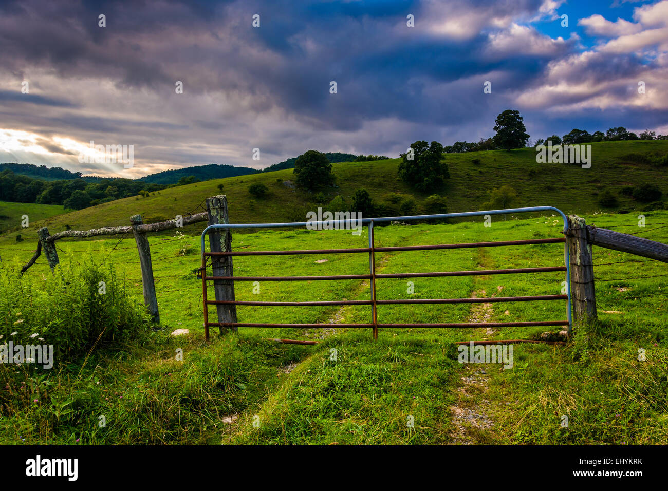 Gate in a field at Moses Cone Park on the Blue Ridge Parkway in North ...