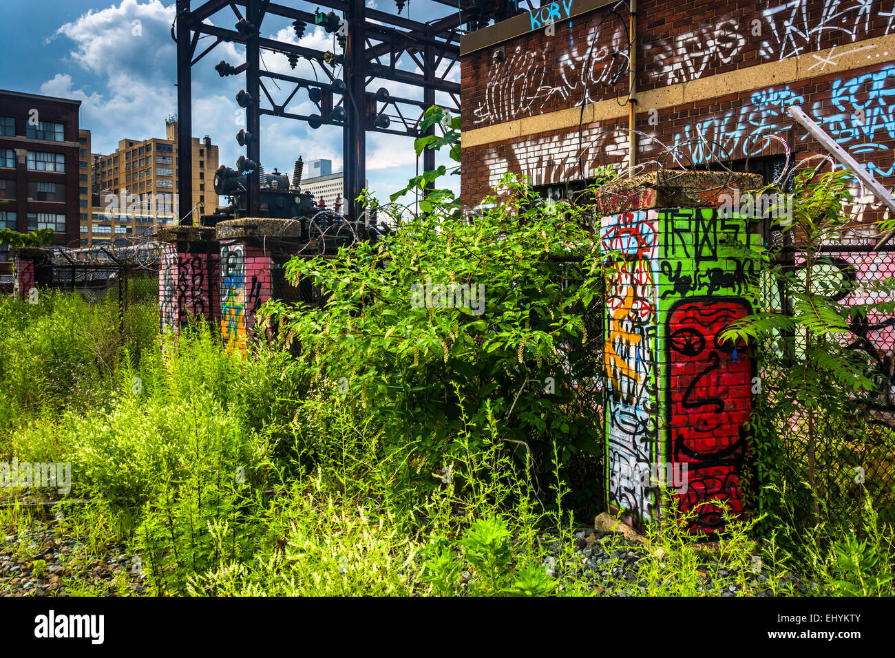 Graffiti and old buildings seen from the Reading Viaduct in ...
