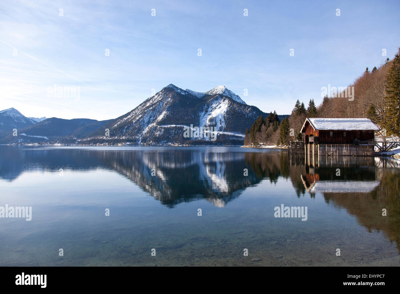 Walchensee or Lake Walchen and Herzogstand mountain in winter, Kochel am See, Jachenau, Upper ...
