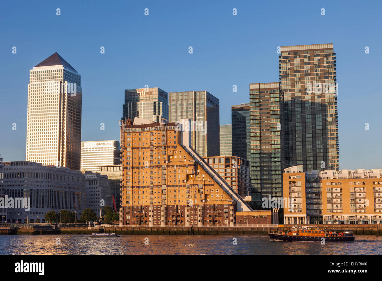 England, London, Docklands, Canary Wharf Skyline and River Thames Stock ...