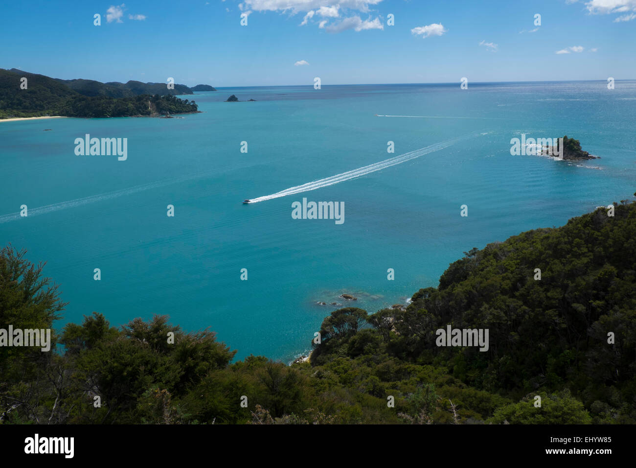 Boat in Totaranui Bay, Abel Tasman National Park, Tasman, South Island ...