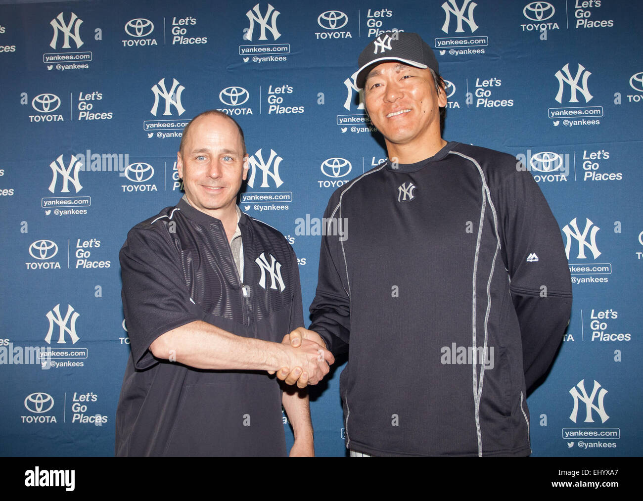 Tampa, Florida, USA. 11th Mar, 2015. (L-R) Brian Cashman, Hideki Matsui ...