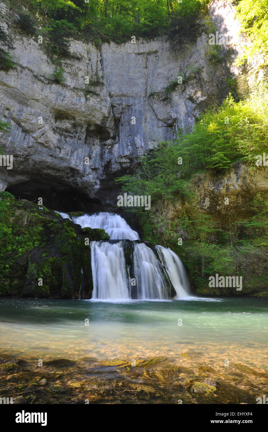 France, Europe, Jura, spring, source, lison, karstic spring, waterfall ...