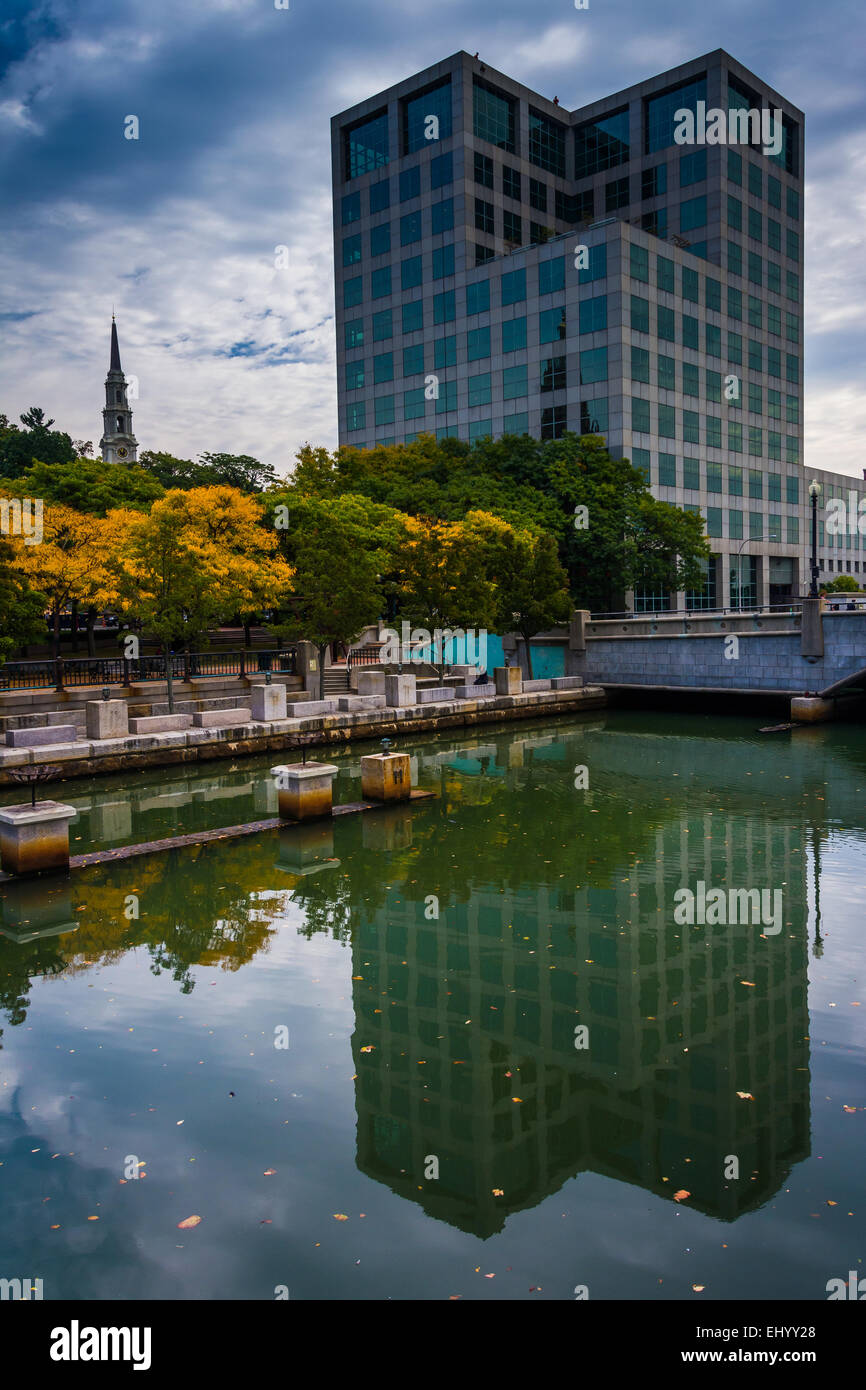 Modern building reflecting in the Providence River in Providence, Rhode ...