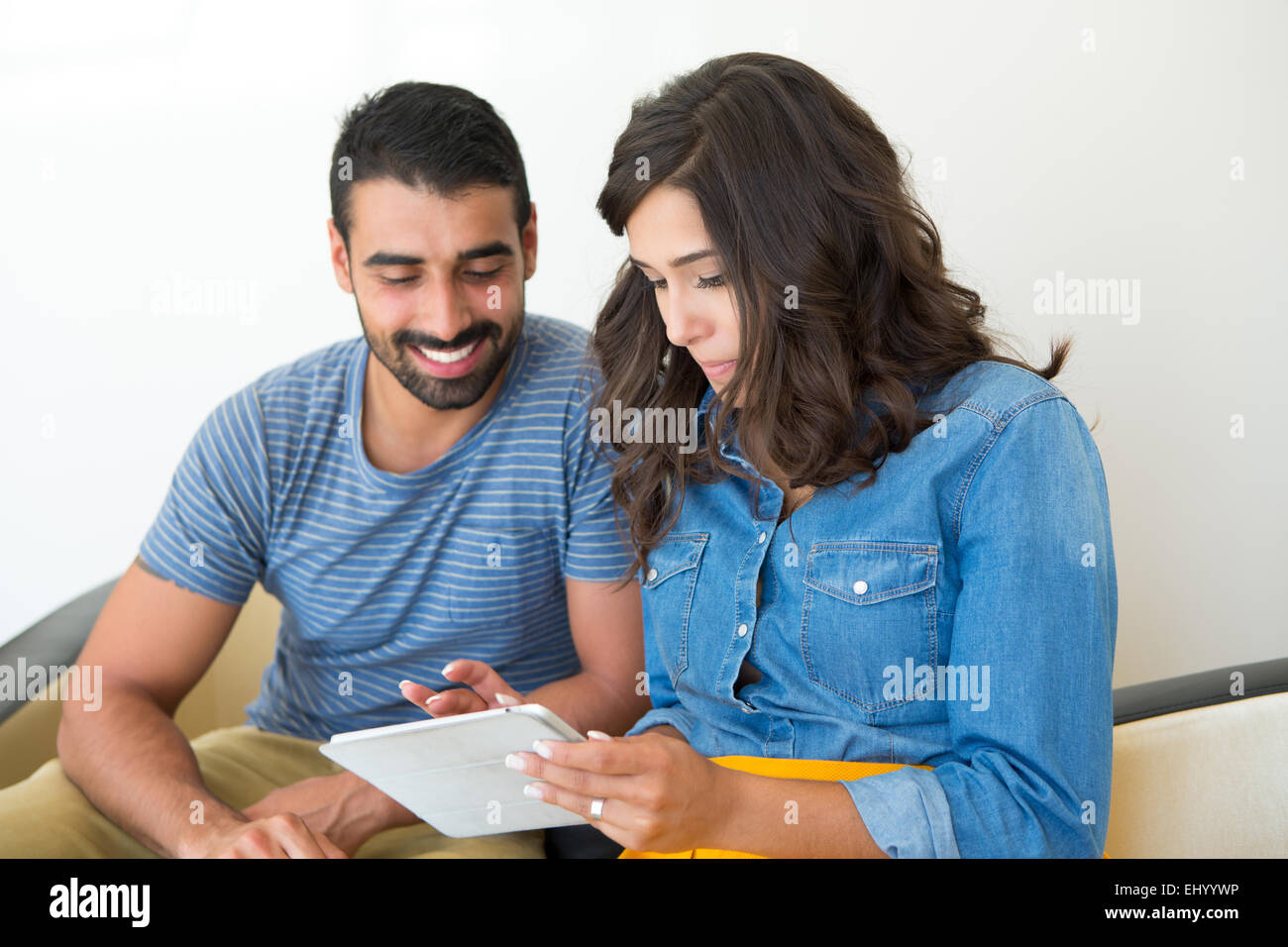 Summer business people man woman sitting using digital tablet hi-res ...