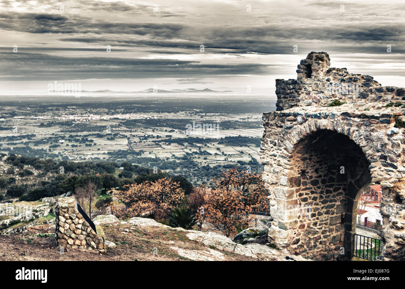 Montanchez town castle remains at sunrise, Caceres, Spain Stock Photo ...