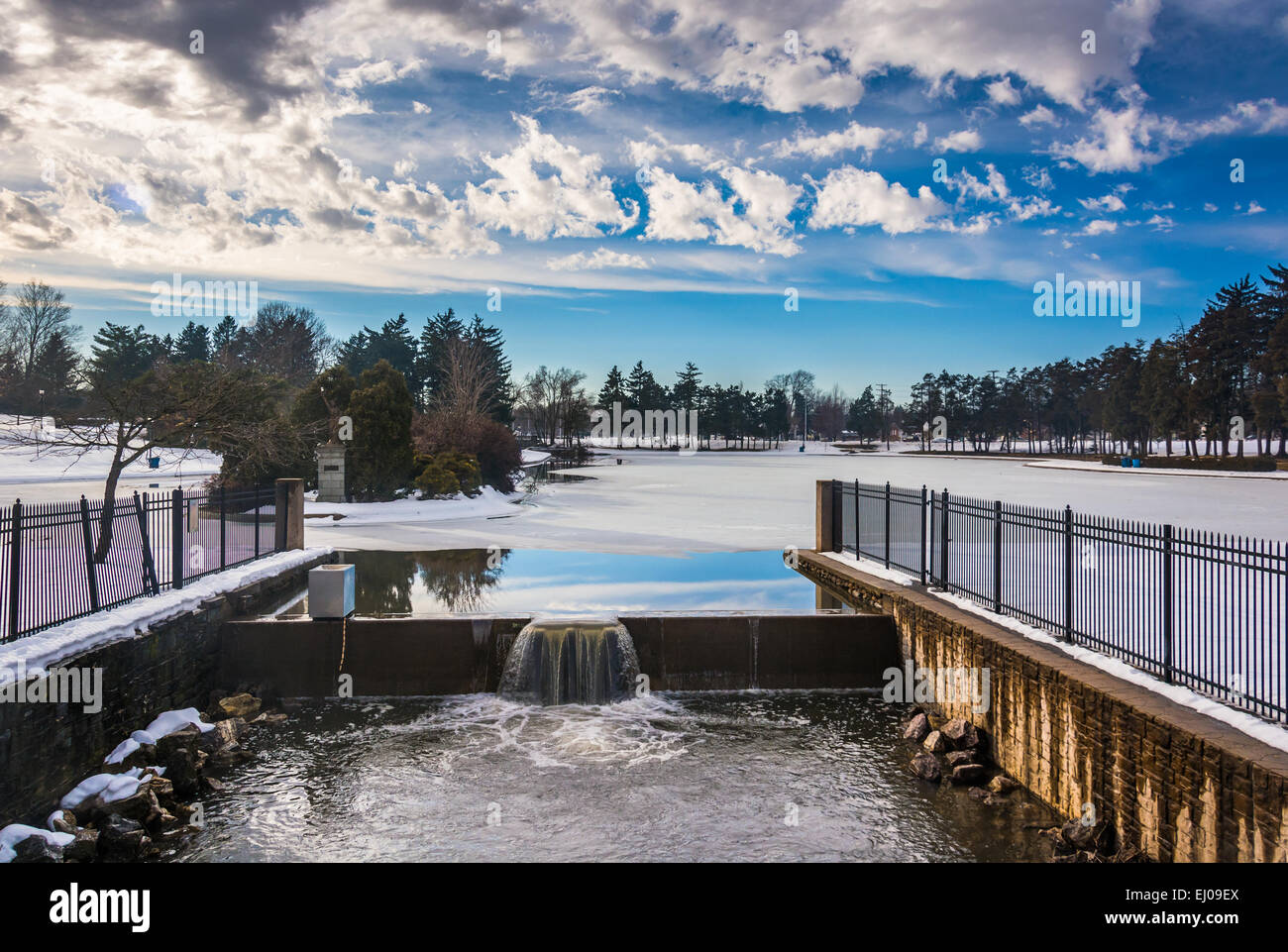 Spillway at Kiwanis Lake, seen during the winter in York, Pennsylvania ...