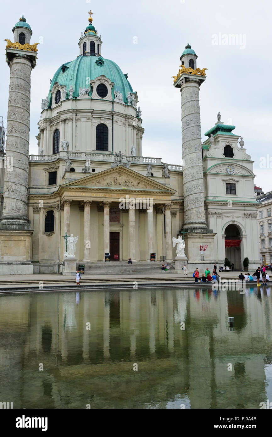 The exterior of Karlskirche (St Charles) church with two tall stone ...