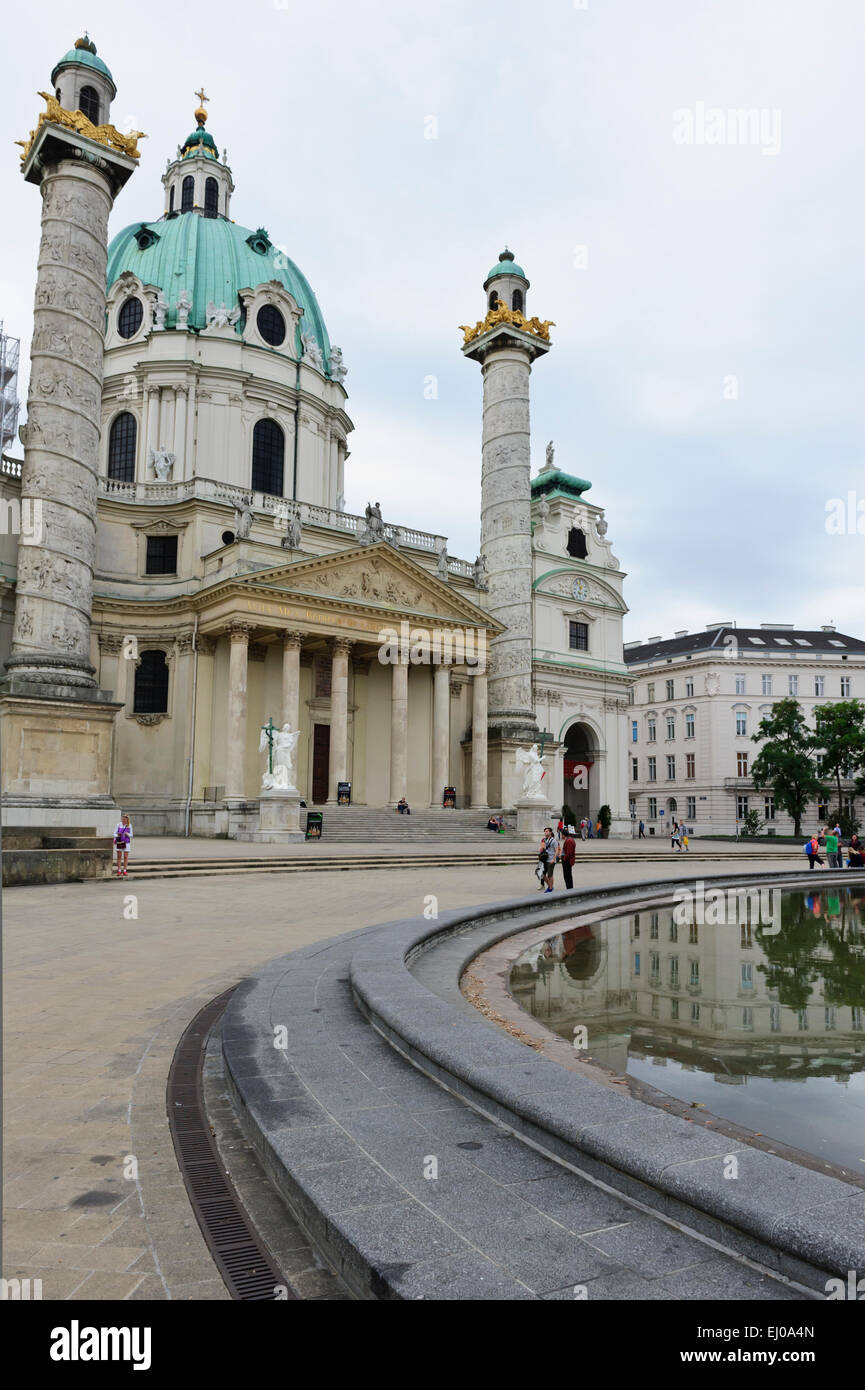 The exterior of Karlskirche (St Charles) church with two tall stone ...