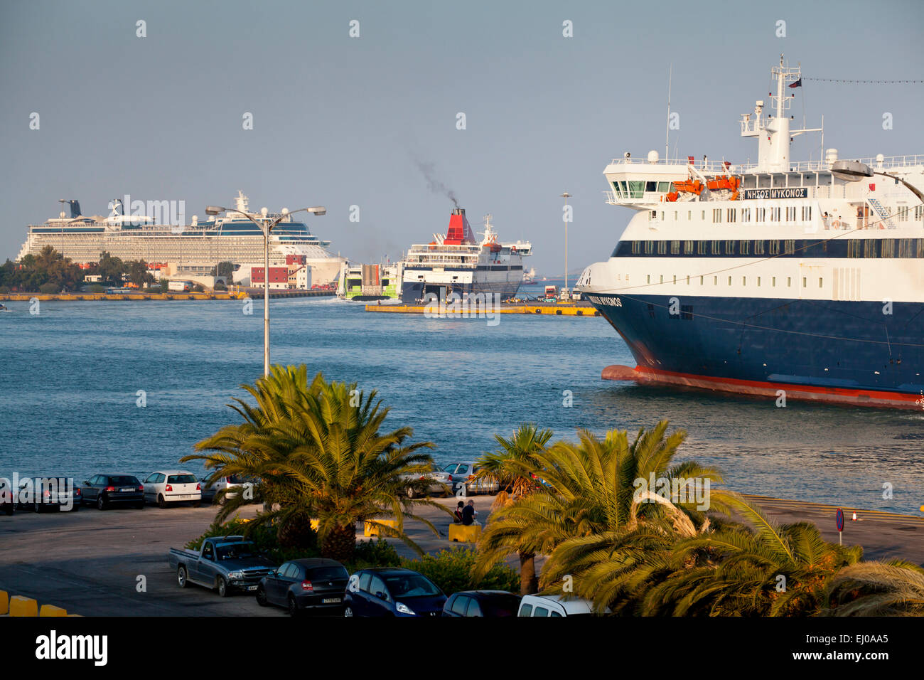 Nissos Mykonos ferry in the port of Pireaus in Athens, Greece Stock ...