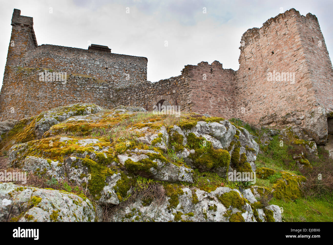 Montanchez town castle remains at sunrise, Caceres, Spain Stock Photo ...