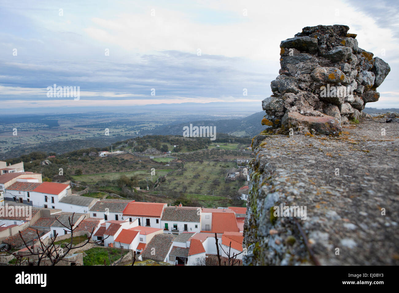 Montanchez town castle remains at sunrise, Caceres, Spain Stock Photo ...