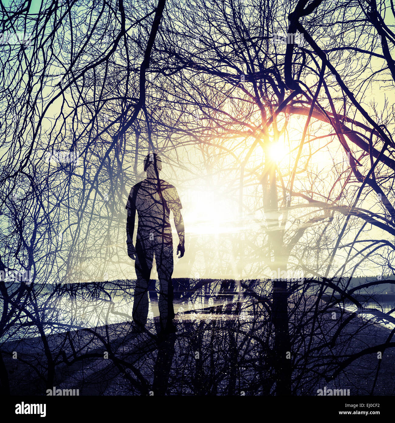 Double exposure abstract conceptual photo collage, man standing on the ...