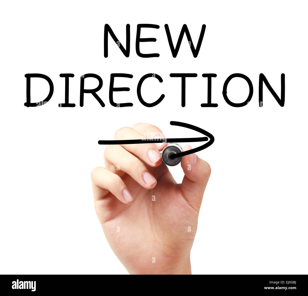 Hand writing New Direction with black marker on transparent wipe board ...